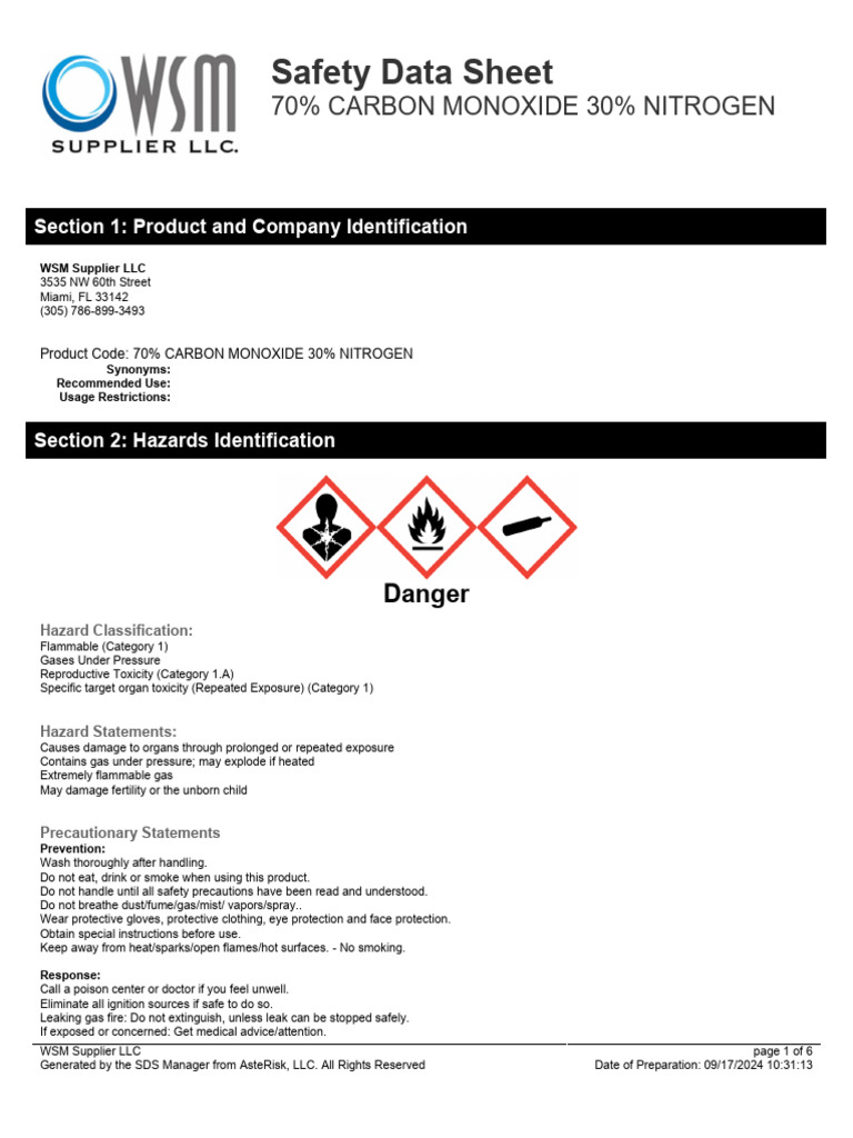 70% Carbon Monoxide 30% Nitrogen Sds | PDF | Carbon Dioxide | Combustion