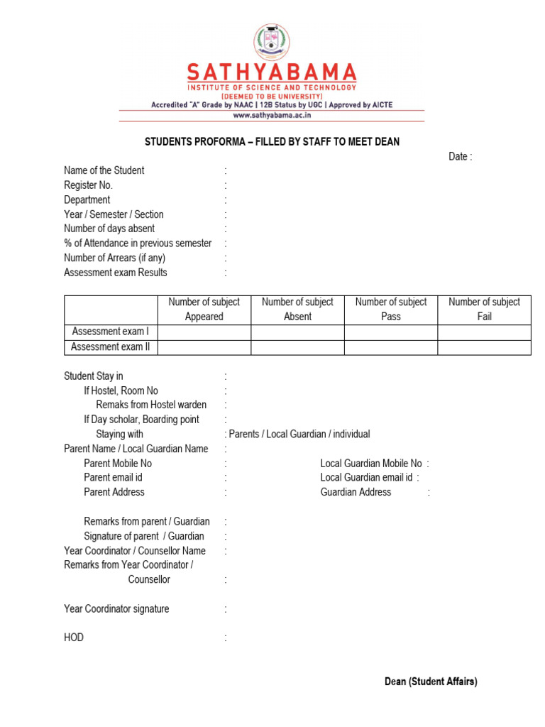 STUDENTS PROFORMA - Attendance Shortage Form | PDF