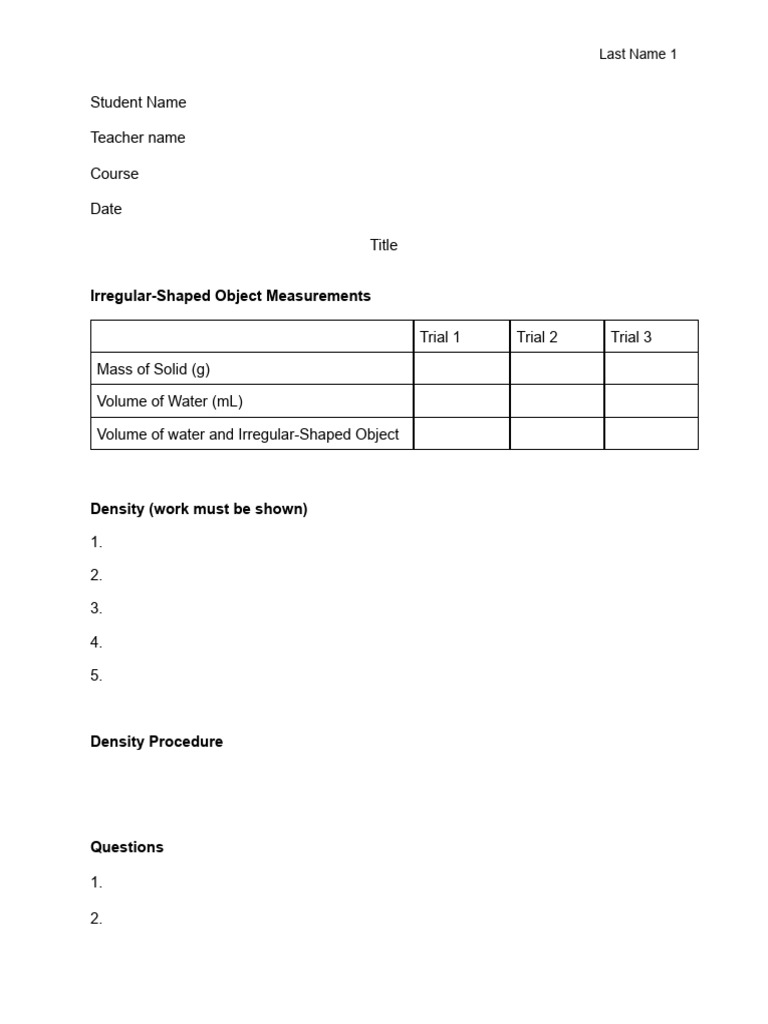 Lab Report Form - Activity - Density Investigation | PDF