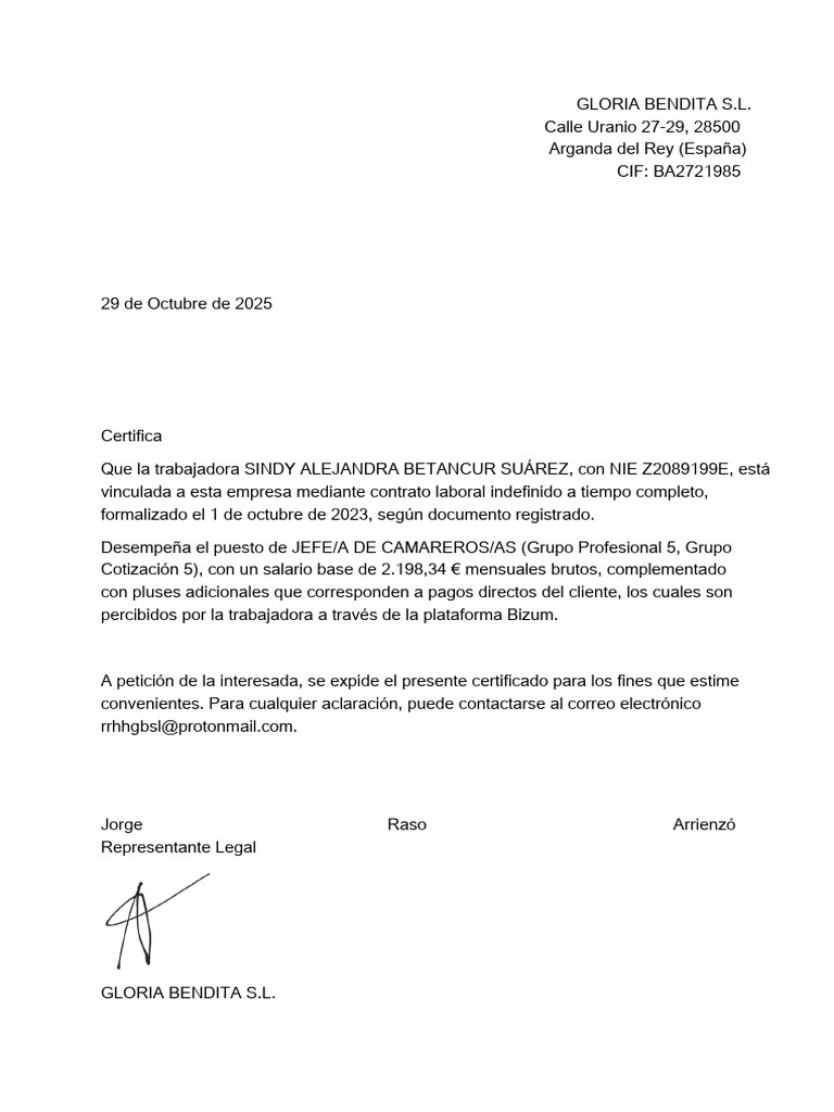 Certificado Laboral de Sindy Betancur | PDF