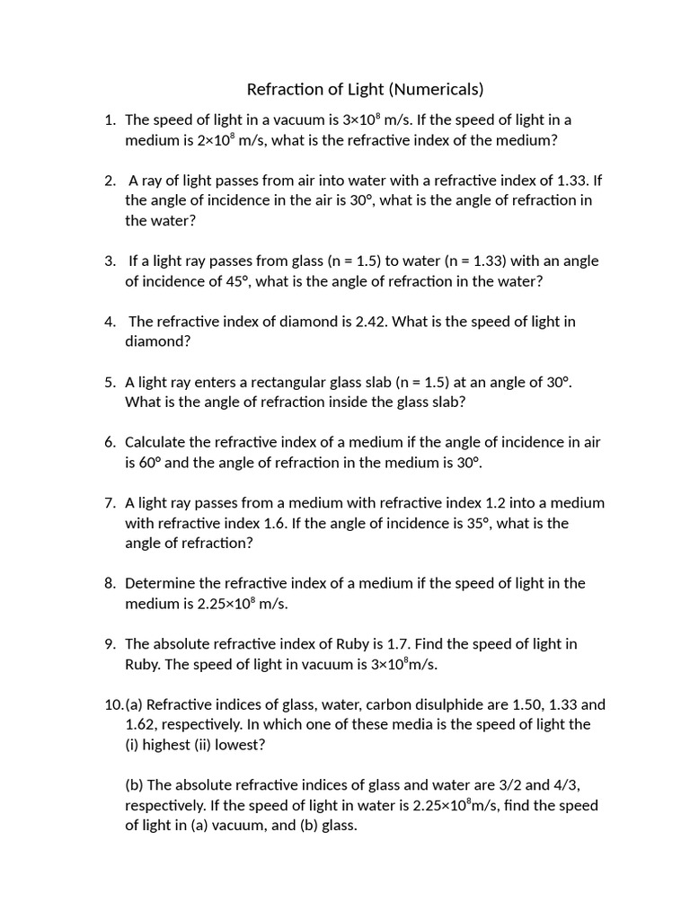 Light Refraction Numerical Problems | PDF