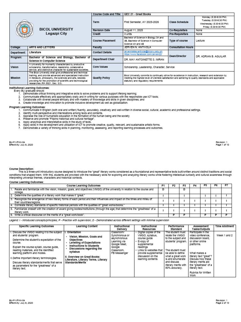 Great Books Course Syllabus Overview | PDF | Poetry
