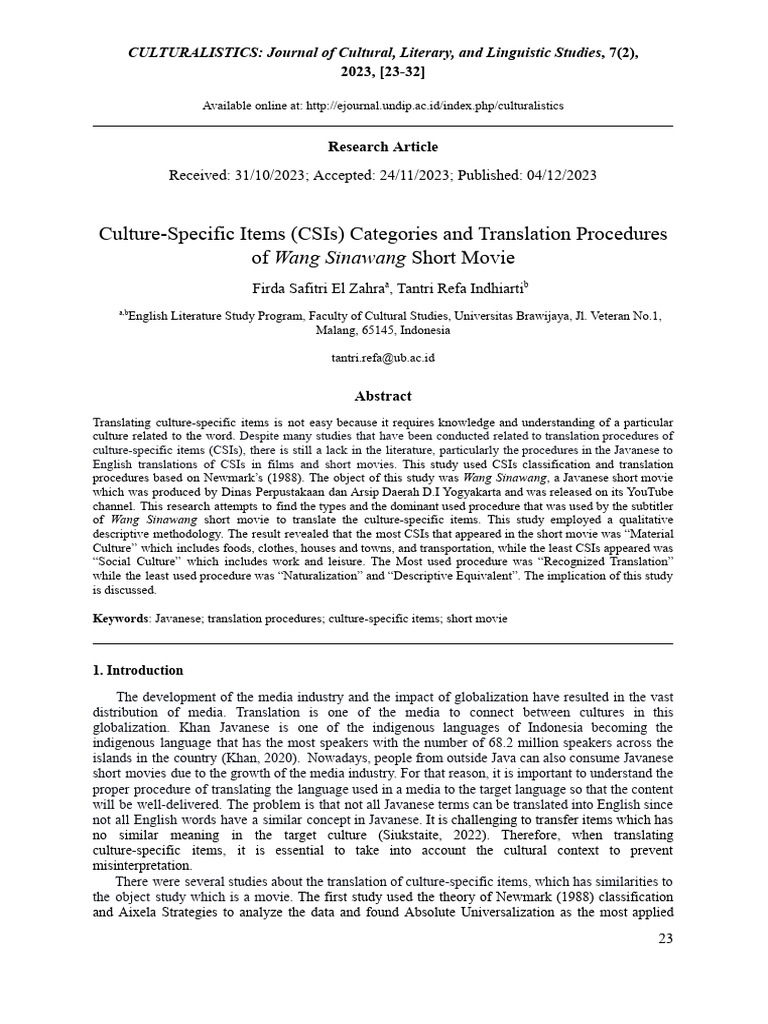 Translation of Culture-Specific Items in Wang Sinawang | PDF ...