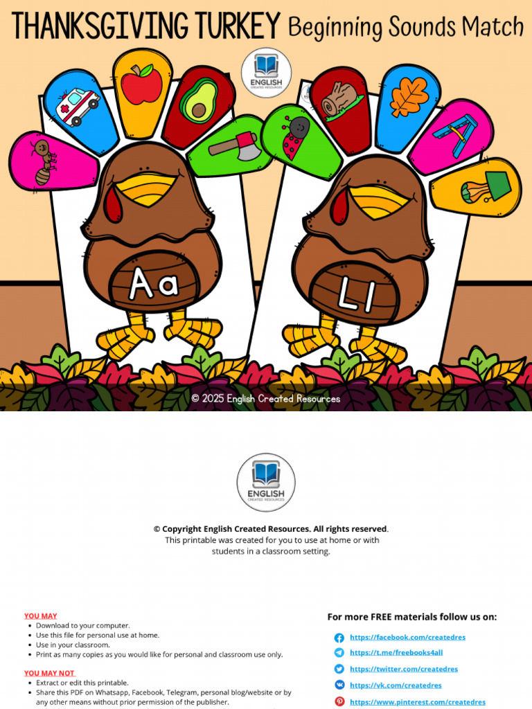 Thanksgiving Turkey Beginning Sounds Match Copyright 2025 English ...
