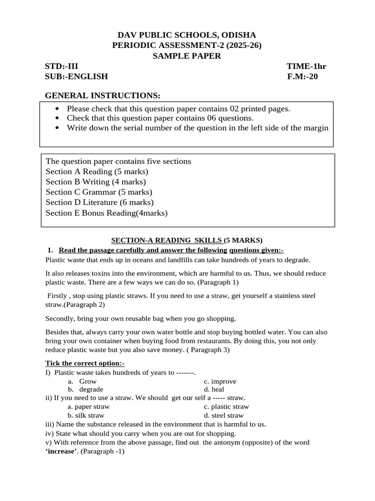 DAV Public Schools Odisha Std III English Sample Paper | PDF