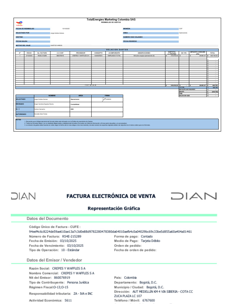 Reembolso de Gastos (Jorge Andres Arenas) | PDF | Factura | Economias