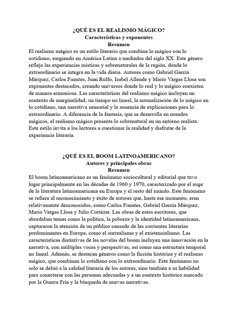 Realismo Mágico y El Boom Latinoamericano Resumen - Cristel Minas 2do Básico | PDF