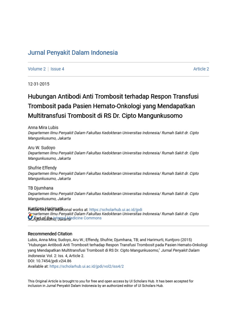 Hubungan Antibodi Anti Trombosit Terhadap Respon Transfusi Trombo | PDF