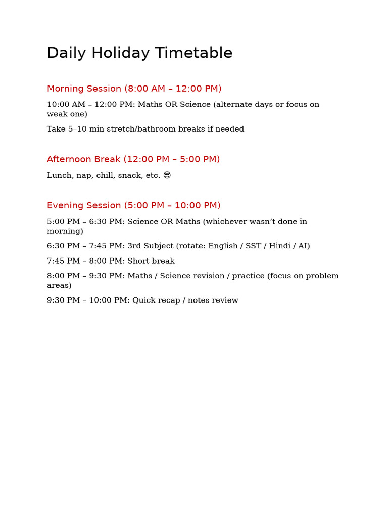 Daily Holiday Timetable | PDF