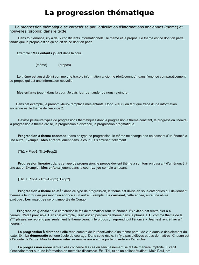 Types de progression thématique expliqués | PDF | Phrase | Sujet ...