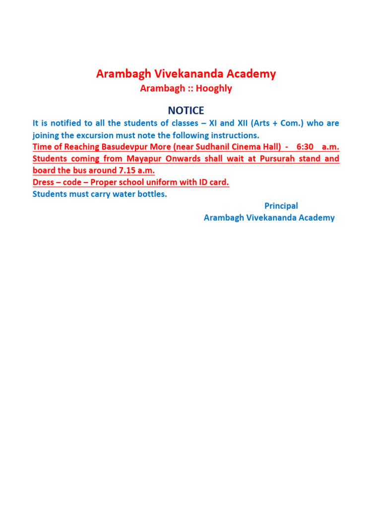Excursion Notice for Classes XI-XII Students | PDF