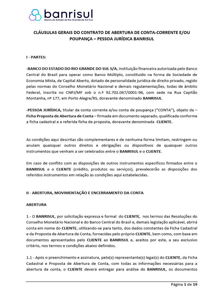 Condicoes Gerais Abertura Conta Corrente Pessoa Juridica Banrisul | PDF ...