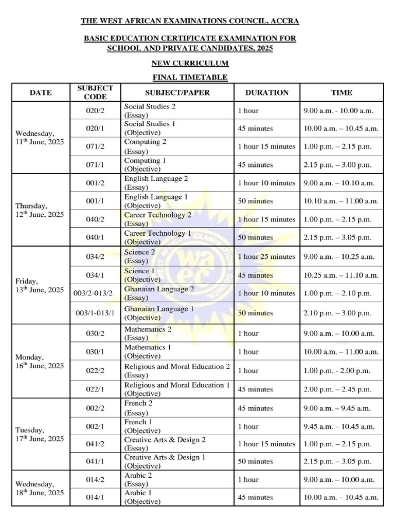 Bece 2025 Final Timetable-1 | PDF