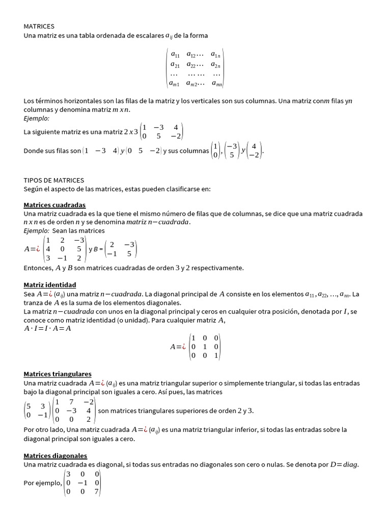 Tipos y Operaciones de Matrices | PDF | Matriz (Matemáticas) | Sistema ...