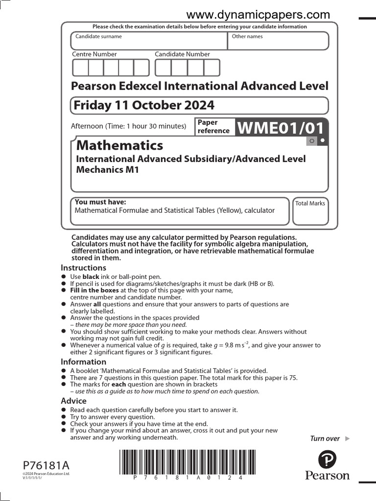 Edexcel A Level Mechanics M1 Exam Paper | PDF | Mathematics | Calculator