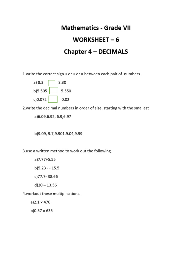 Grade 7 Decimal Math Worksheet | PDF