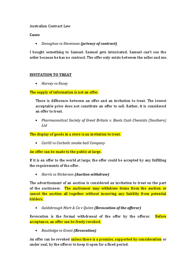 Key Cases in Australian Contract Law | PDF | Offer And Acceptance ...