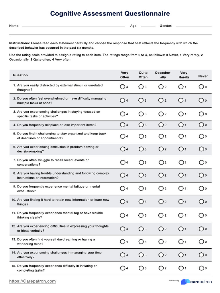 Cognitive Assessment Questionnaire Guide | PDF | Mind | Thought