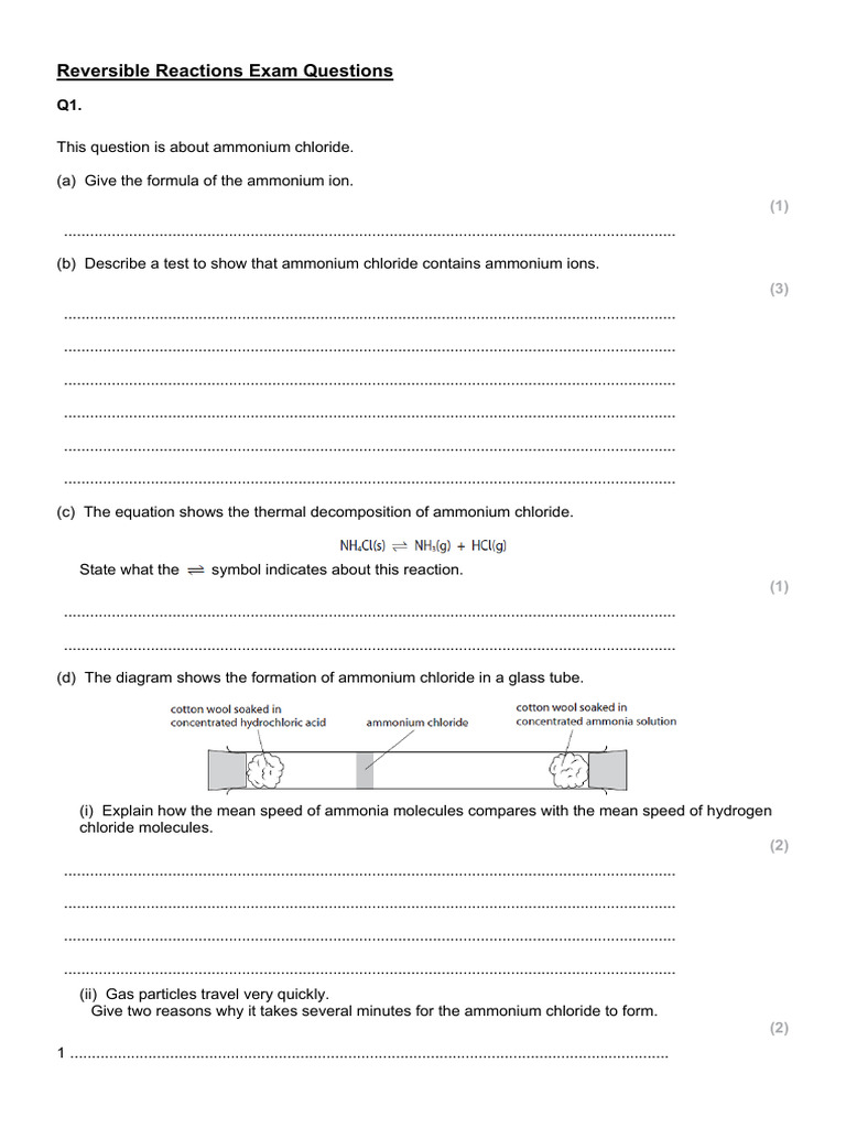 Reversible Reactions Exam Questions | PDF | Chemical Reactions | Ammonium