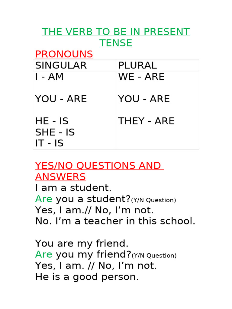 The Verb To Be in Present Tense | PDF