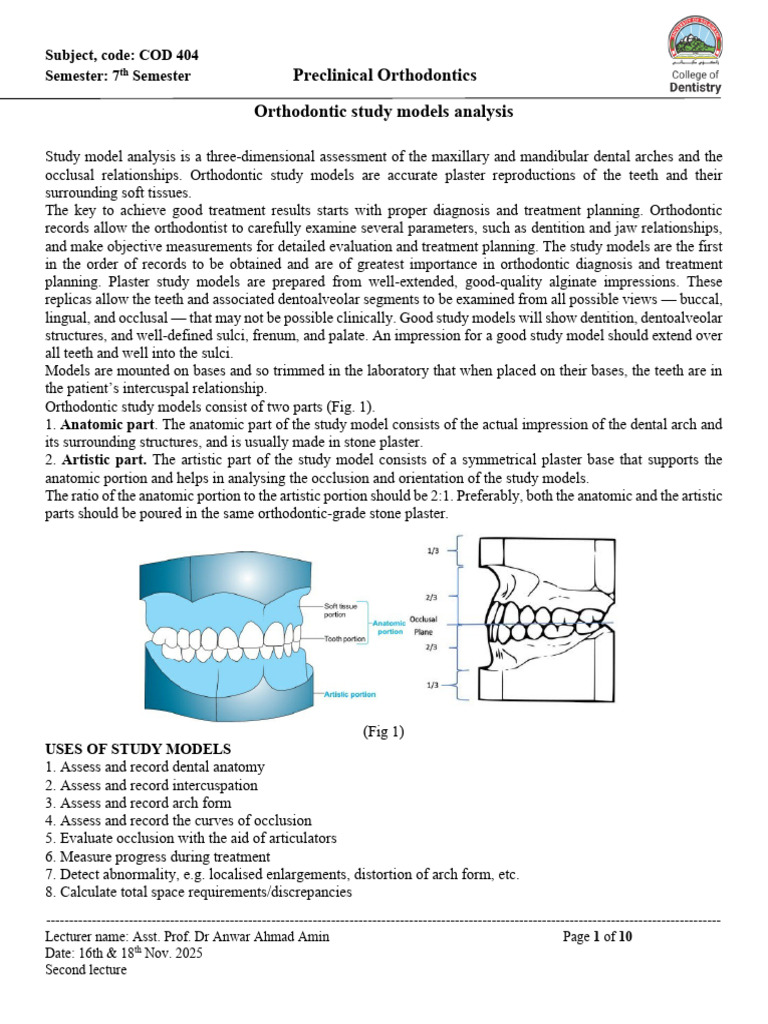 2nd Lecture Orthodontic Study Models Analysis | PDF | Orthodontics ...