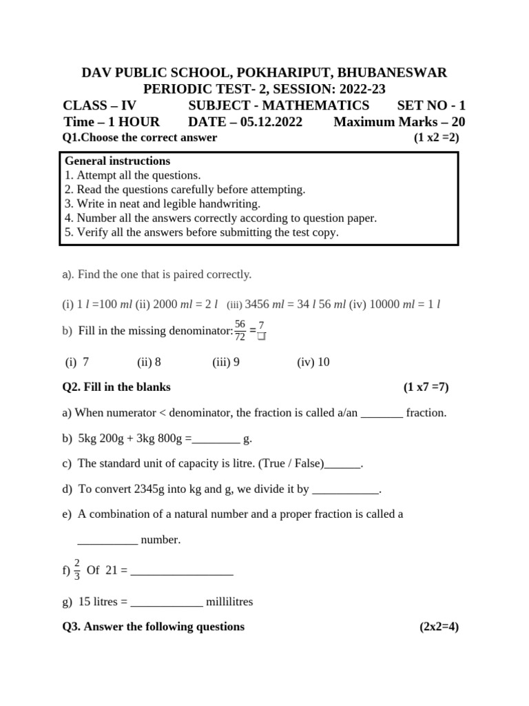 Class IV Mathematics Periodic Test 2022-23 | PDF | Chess | Chess Theory