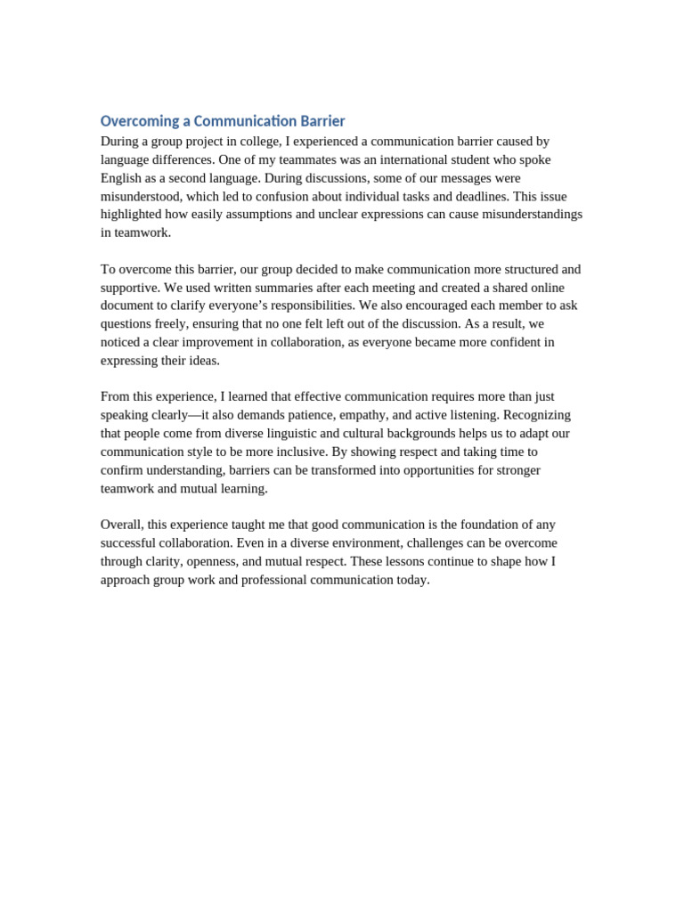 Communication Barrier Essay | PDF