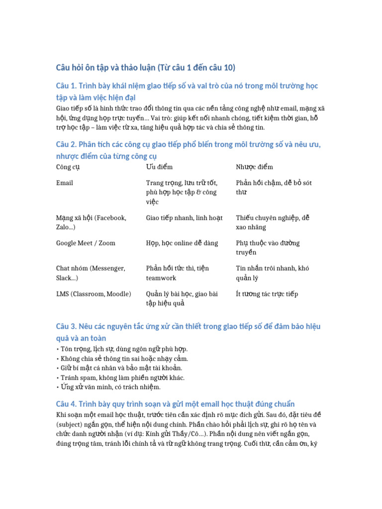 Cau Hoi Tu 1 Den 10 | PDF