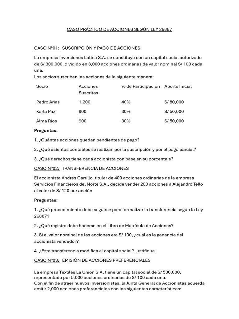 Caso Práctico de Acciones Según Ley 26887 | PDF | Compartir (Finanzas) | Dividendo