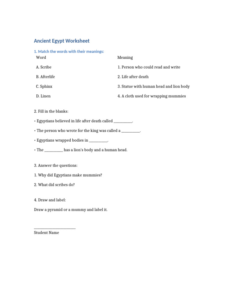 Ancient Egypt Worksheet: 1. Match The Words With Their Meanings | PDF