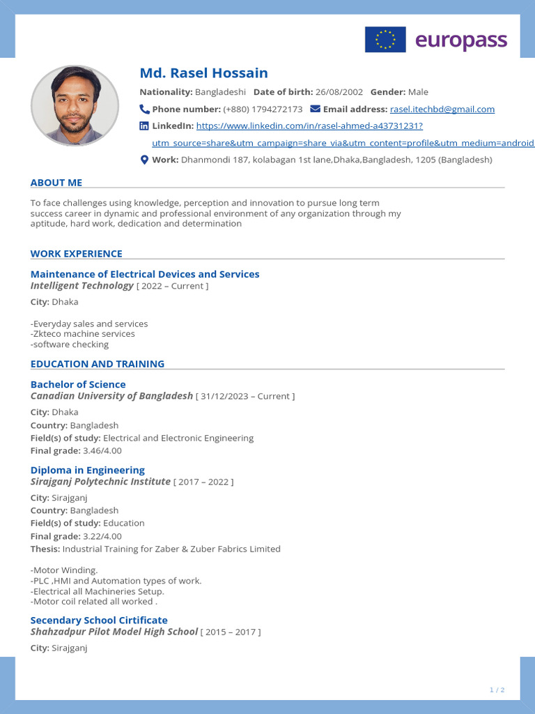 MD - Rasel Hossain Europass Cv. | PDF