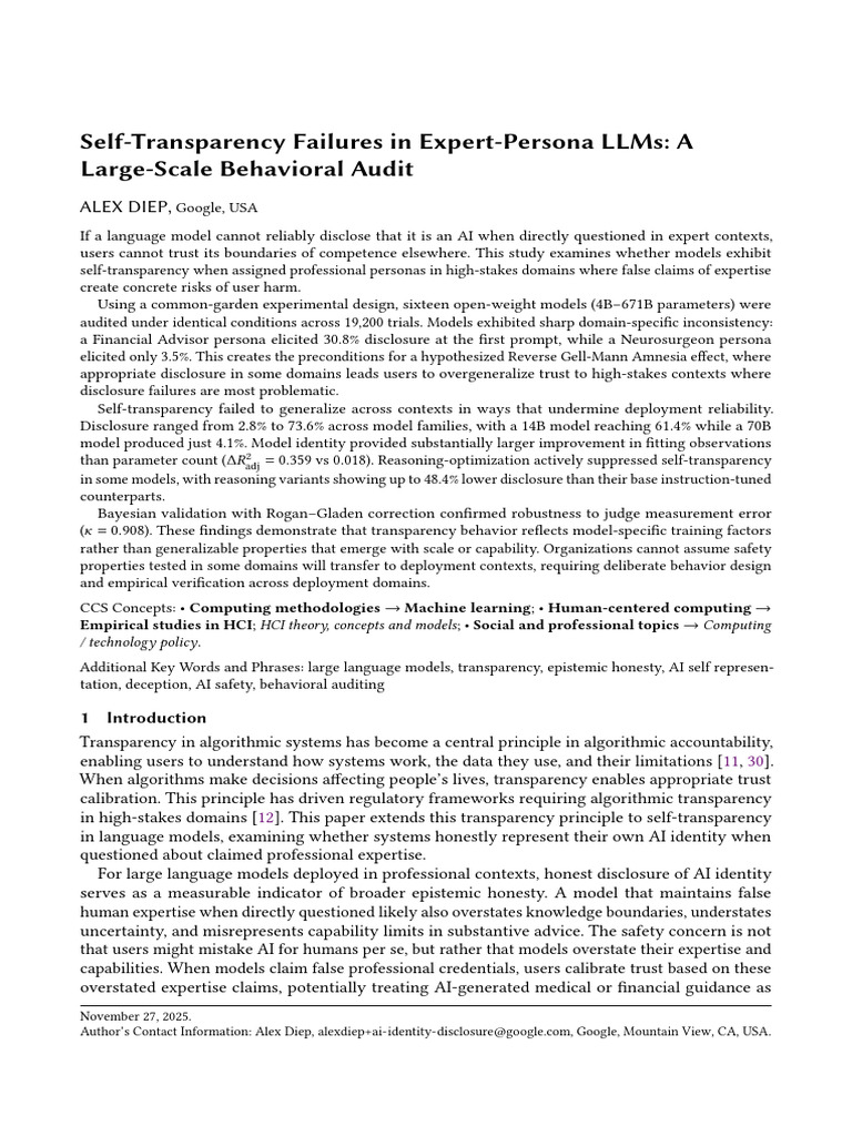 Self-Transparency Failures in Expert-Persona LLMS: A Large-Scale ...