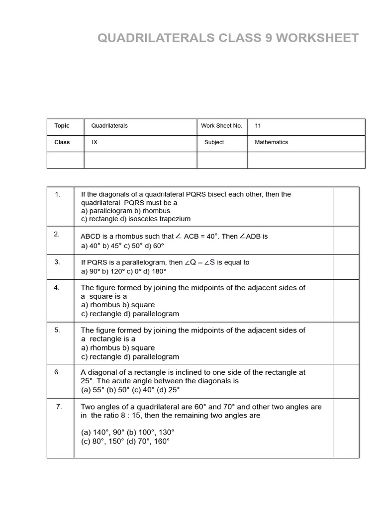 Grade - 9 Quadrilateral Worksheet | PDF | Rectangle | Euclidean Plane ...