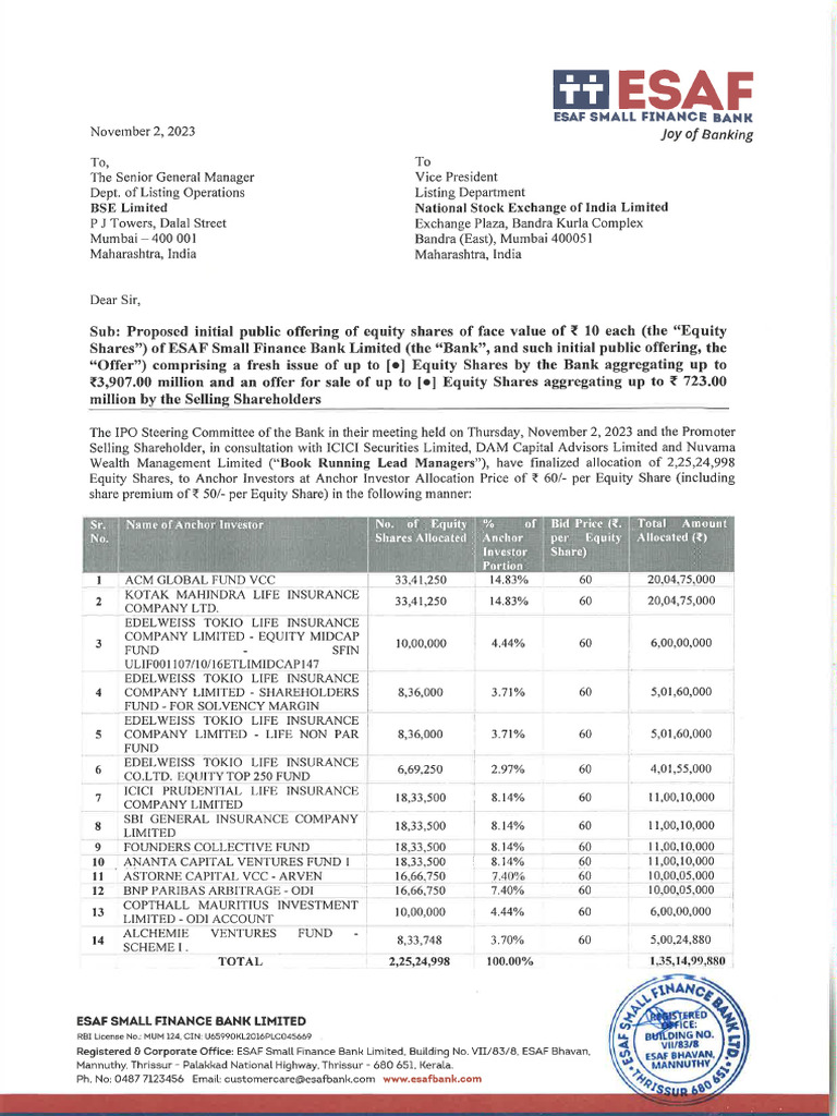 ESAF IPO - Anchor Intimation Letter - 231102 - 221419 | PDF | Initial ...