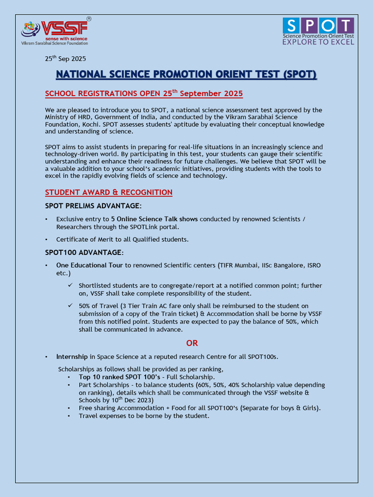 SPOT National Science Test Registration | PDF