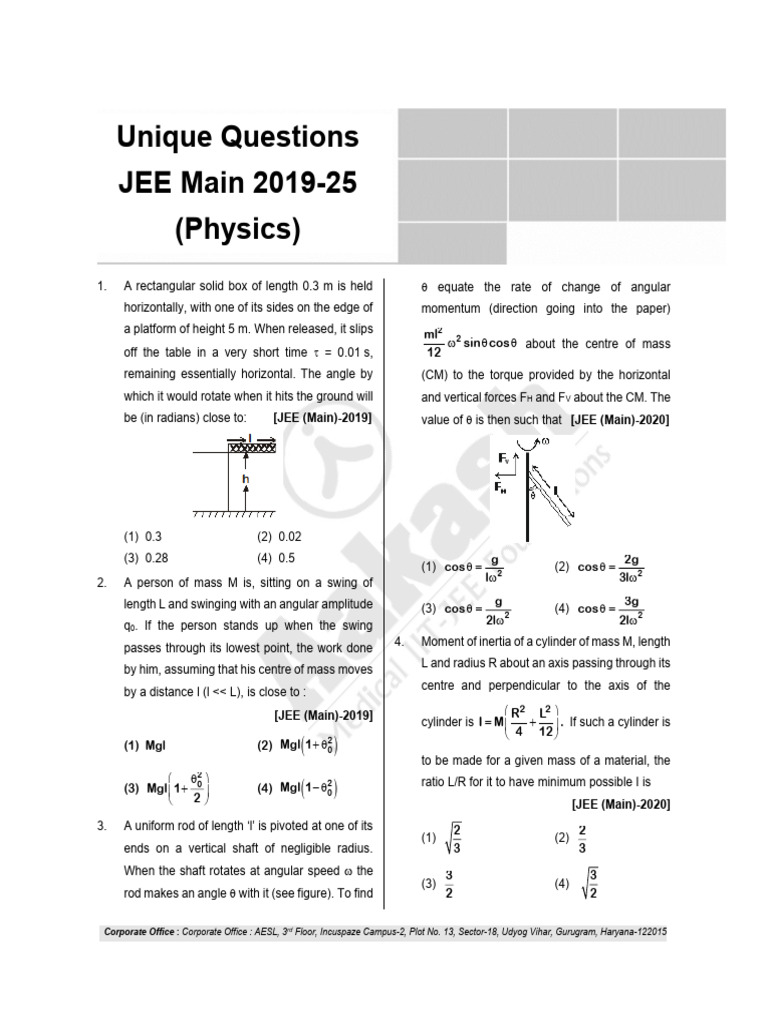 JEE Main Physics Questions 2019-2025 | PDF | Torque | Physical Phenomena