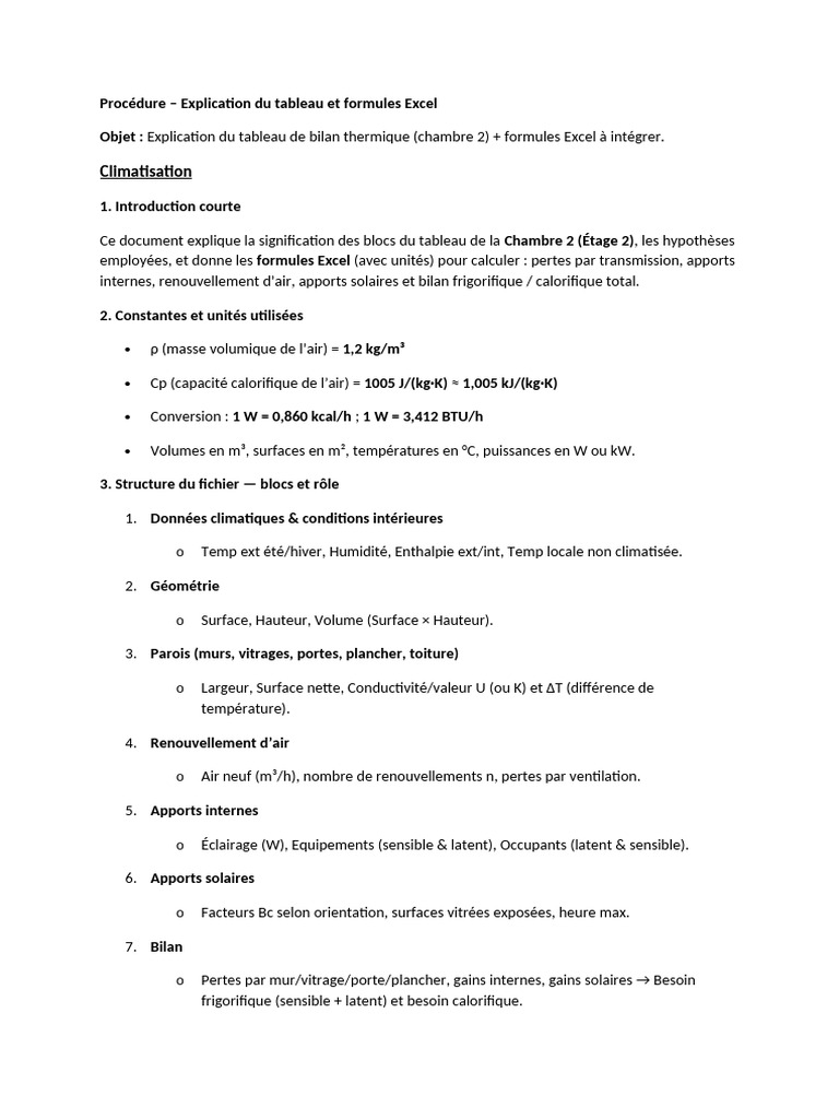 Bilan thermique et formules Excel explicatives | PDF | Climatisation ...