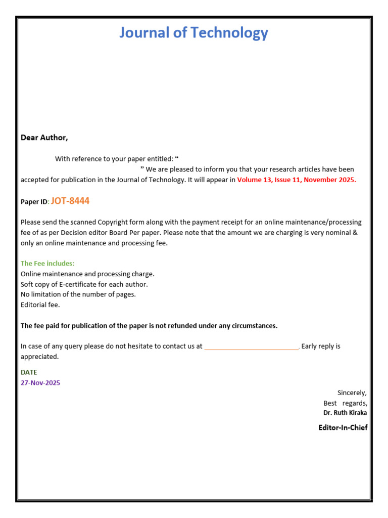 Journal of Technology: Acceptance Letter To Author | PDF | Computer ...