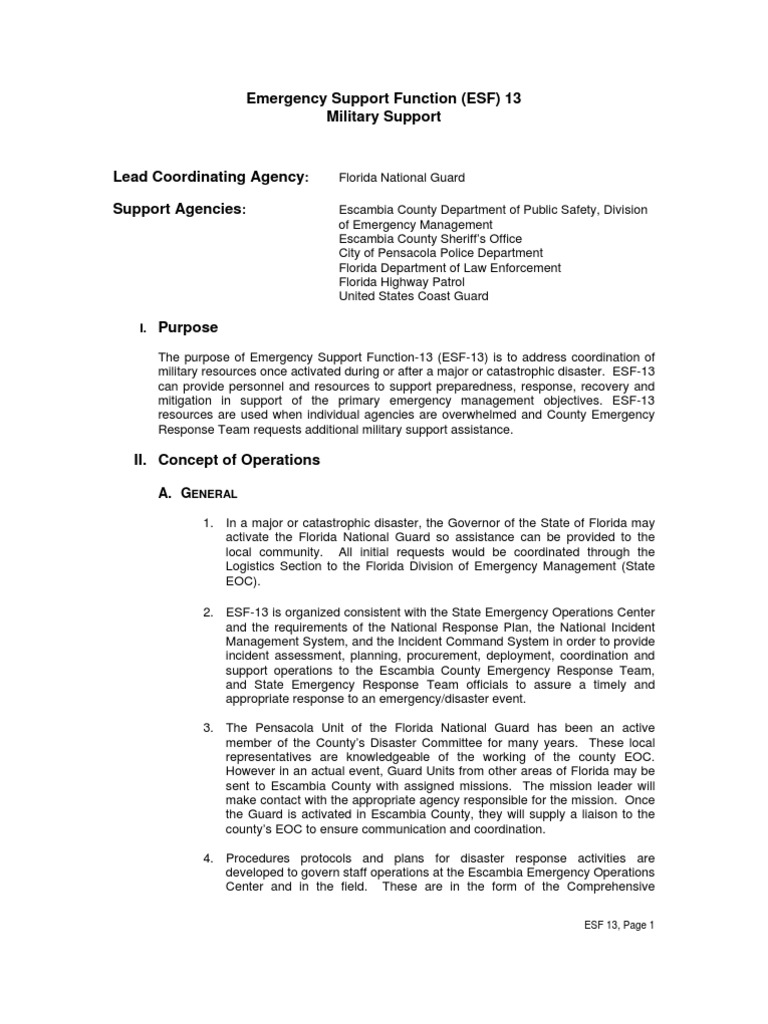 Emergency Support Function (ESF) 13 Military Support: Eneral | PDF ...