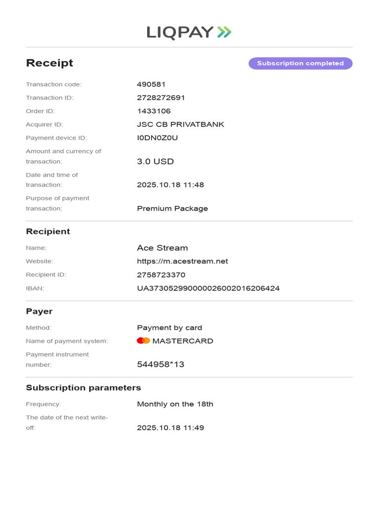 Subscription Receipt for Ace Stream | PDF