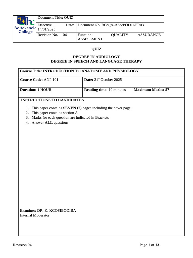 Quiz 1 Nervous-Skeletal-Respiratory-Special Senses - Cardiovascular ...