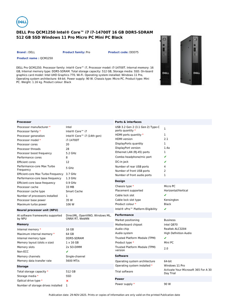 PC Dell Pro MFF I7-14700t | PDF | Solid State Drive | Ieee 802.11