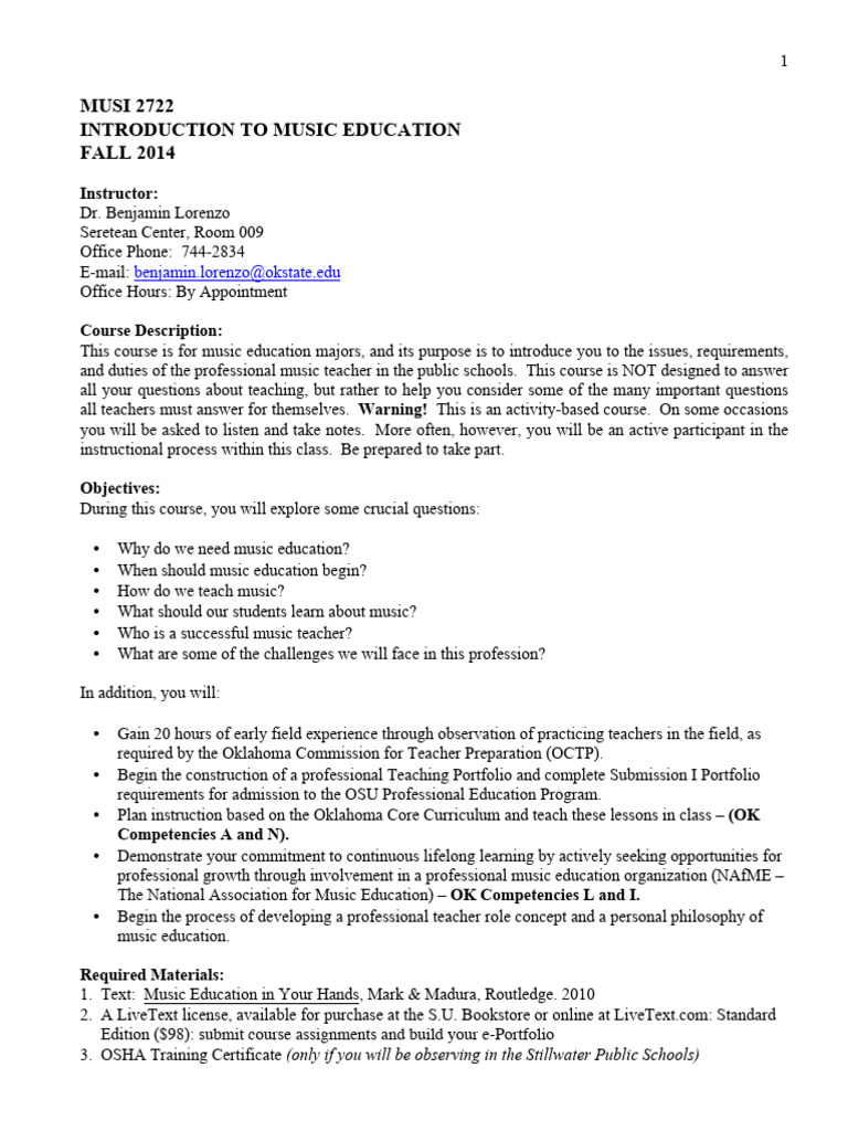 Introduction To Music Education Syllabus | PDF | Learning | Teachers
