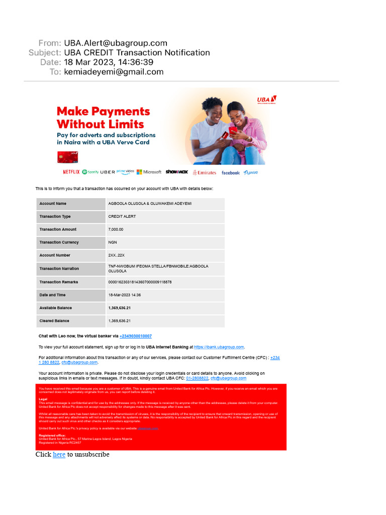 UBA Transaction Alert: Credit Notification | PDF | Cyberspace | Service ...