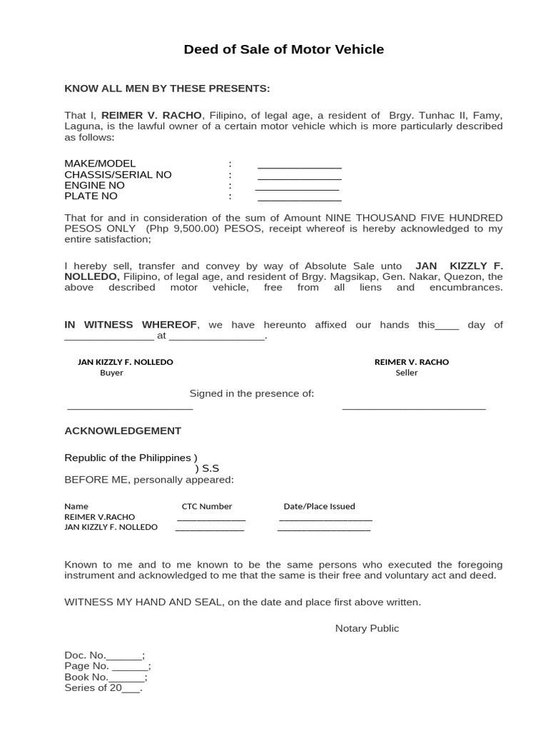 Deed of Sale of Motor Vehicle: Know All Men by These Presents: Reimer V ...