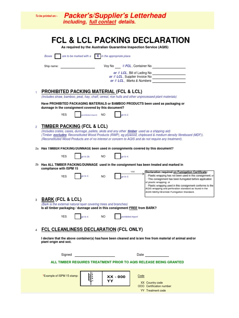 AQIS Packing Declaration Guidelines | PDF