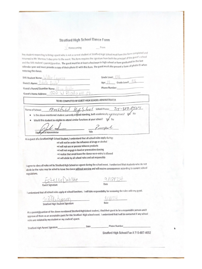 Stratford High School Dance Form | PDF