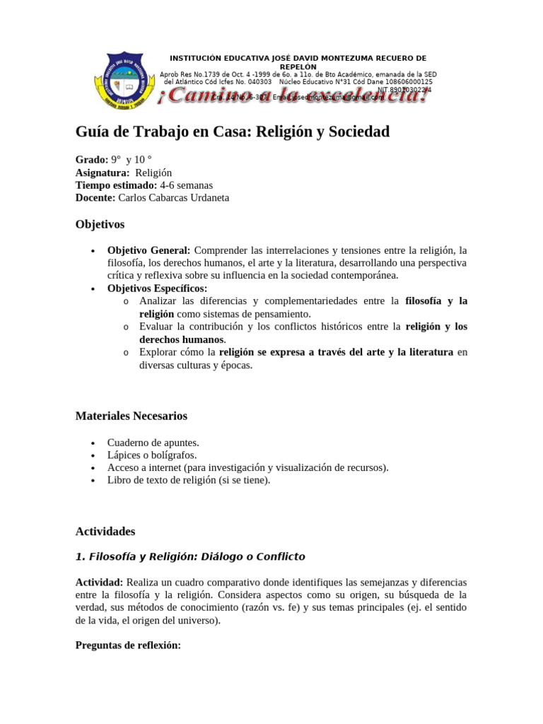 GUIA RELIGION 9° y 10°. | PDF | Educación en artes liberales