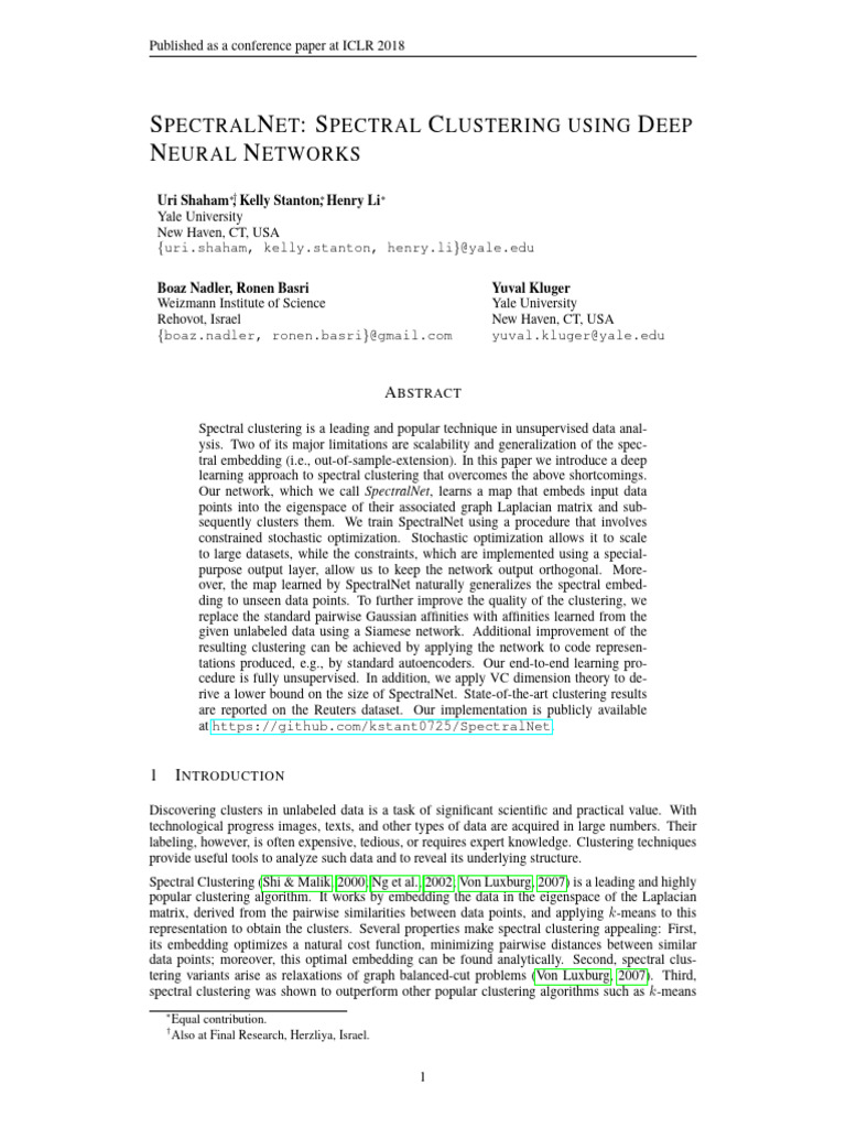 Spectralnet Spectral Clustering Using Deep Neural Networks | PDF ...