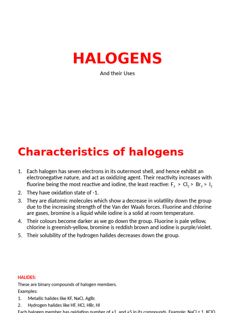 Halogens: Properties and Uses Explained | PDF | Chlorine | Fluorine